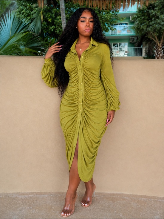 AKIRA | Dresses | Akira Olive Ruched Buttonfront Long Sleeve Midi Dress ...